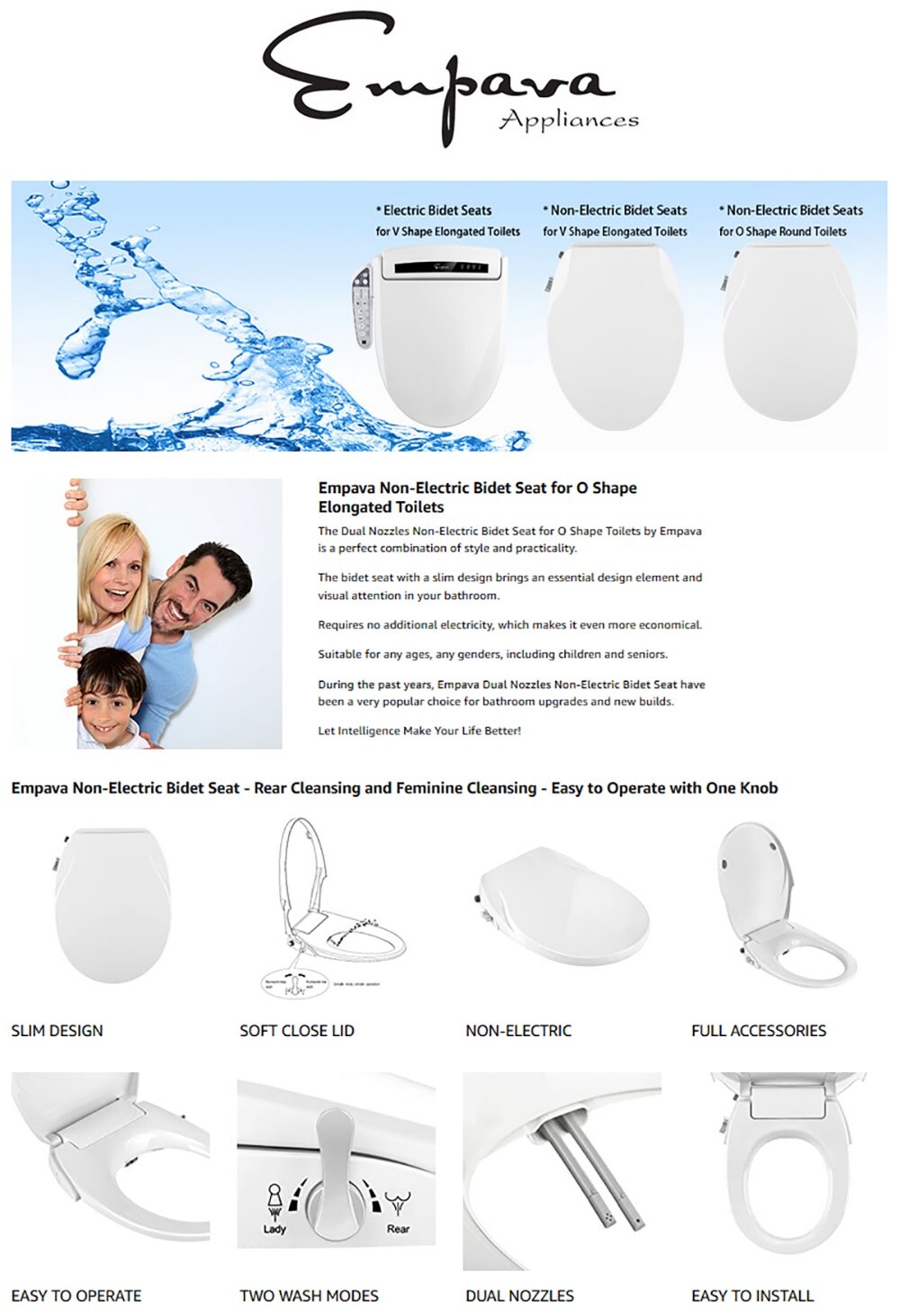Empava Non-electric Bidet Seat for O Shape Round Toilets in White EMPV ...