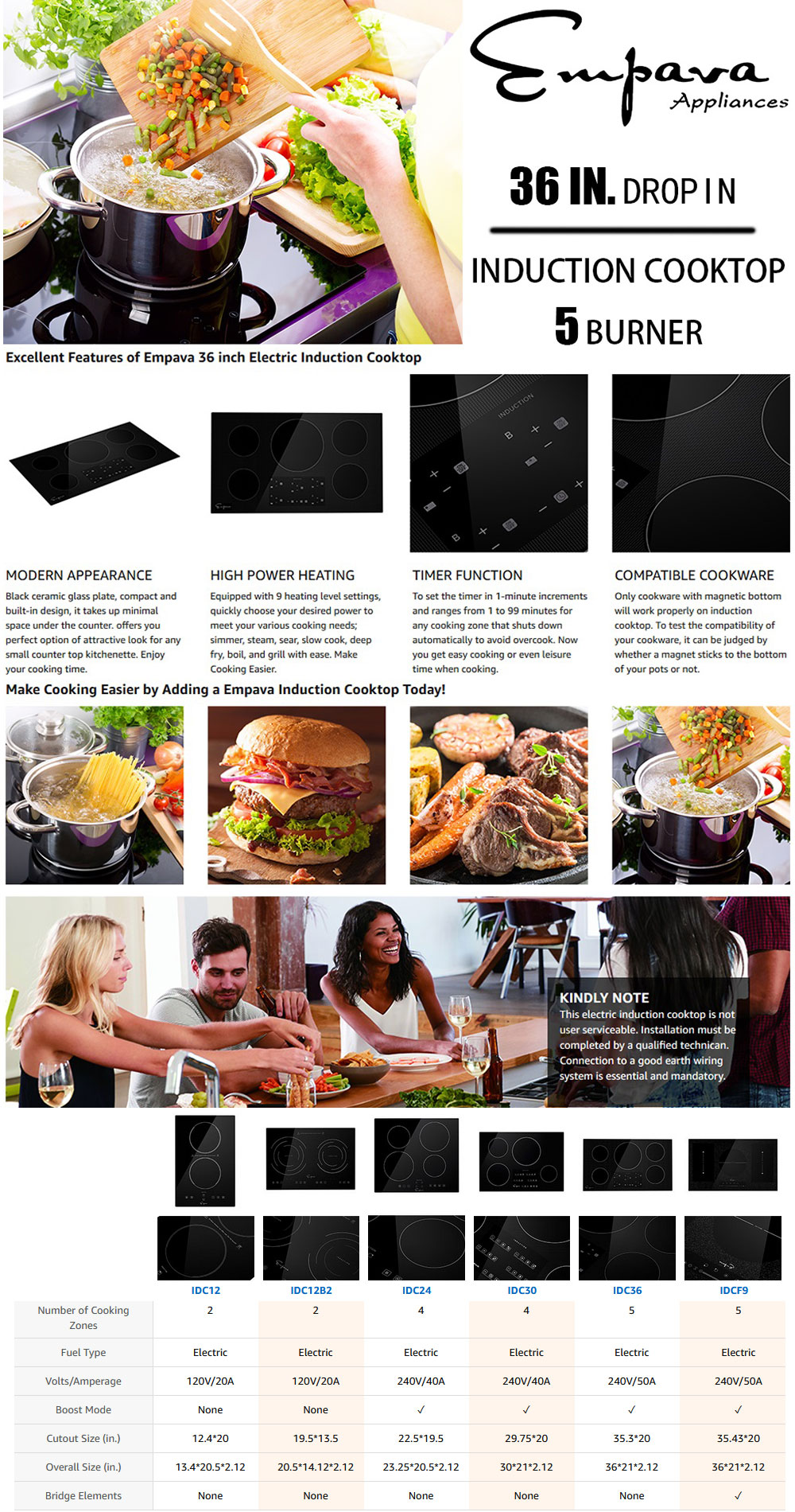 Empava 36 in. Built-In Electric Stove Induction Cooktop Touch Control ...