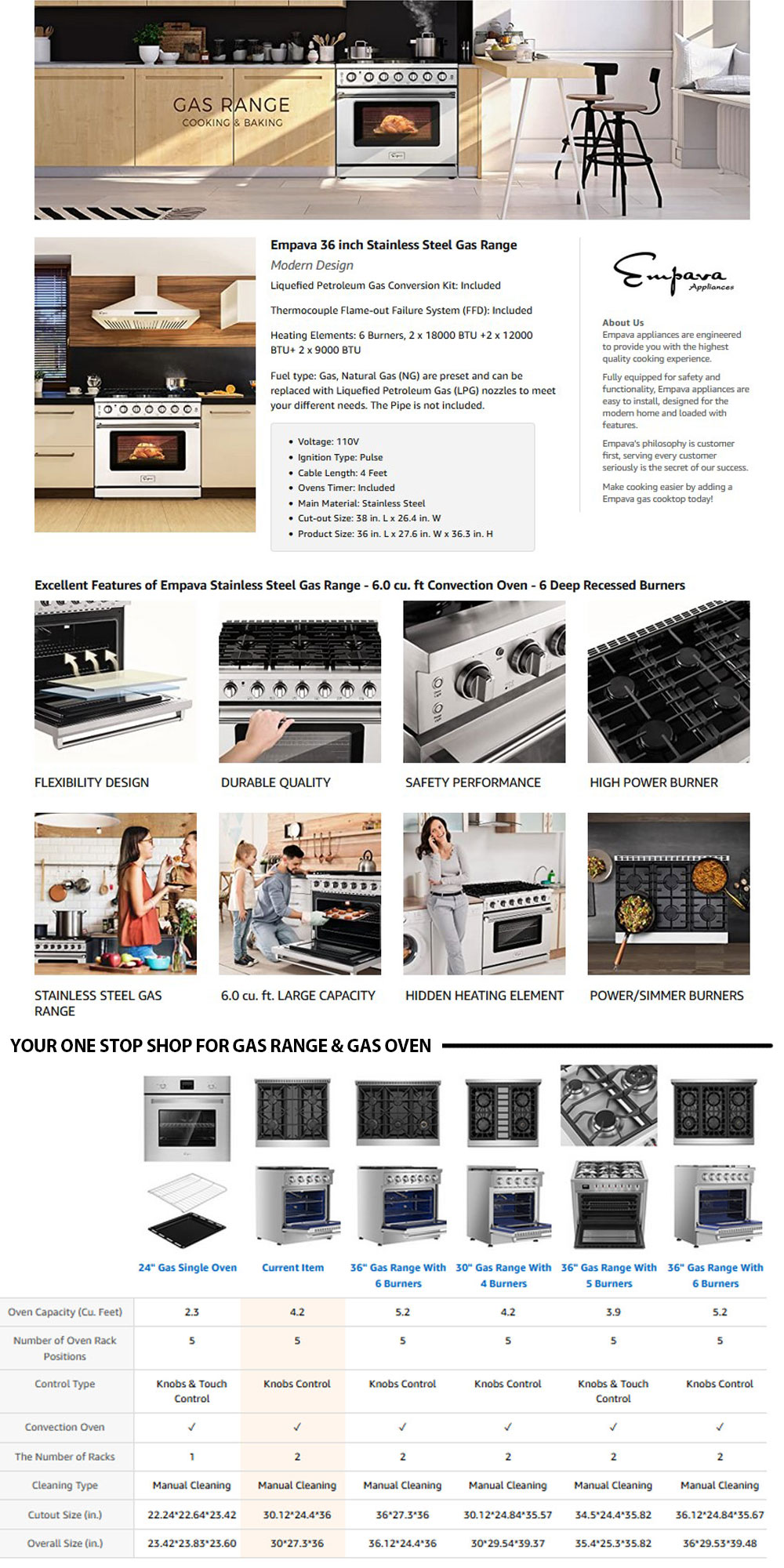 Empava 36 in. 6 cu. ft. Single Oven Freestanding Gas Range with 6 ...