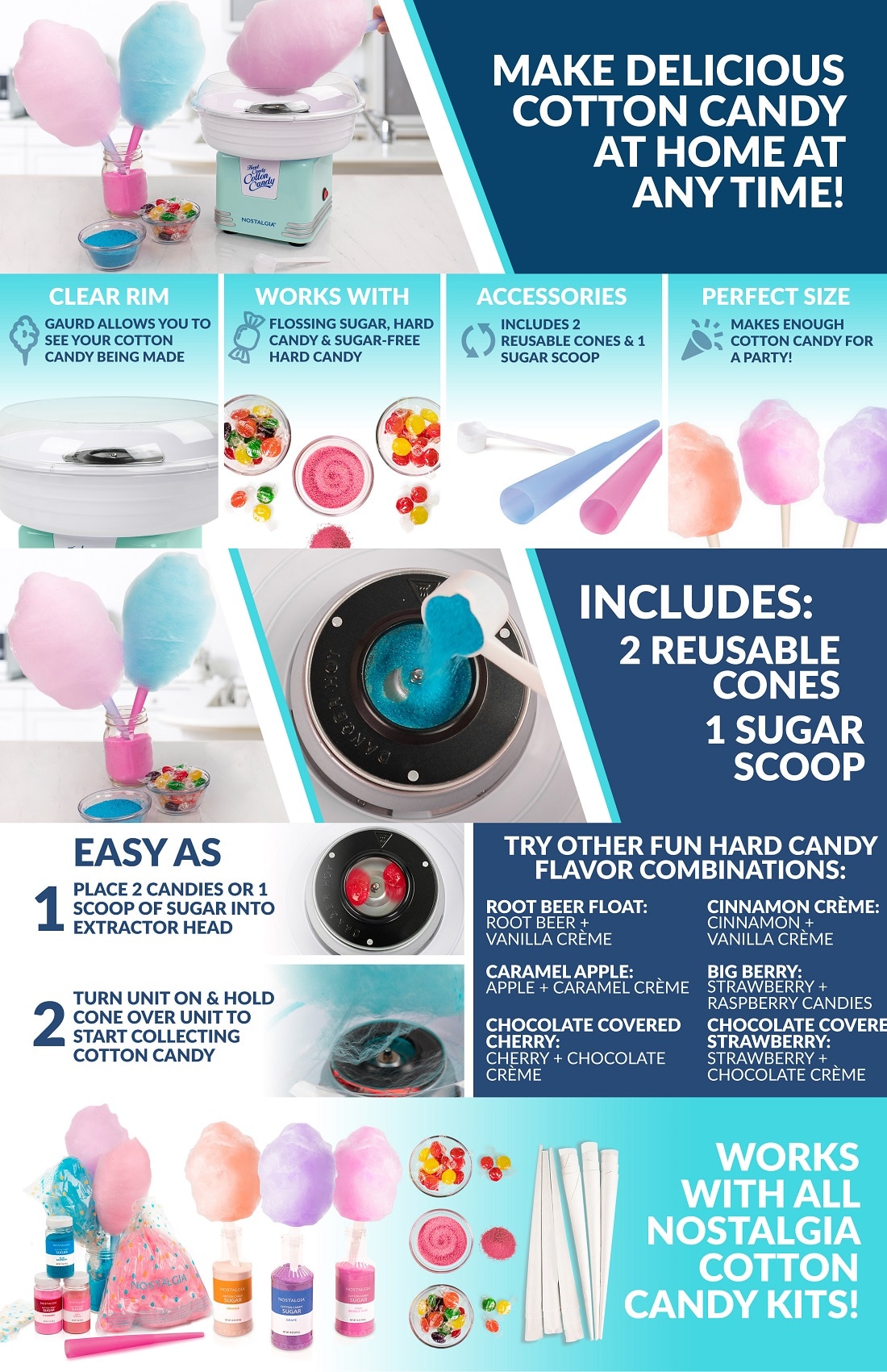 Nostalgia Retro Aqua Hard and Sugar Free Cotton Candy Maker with Cotton ...