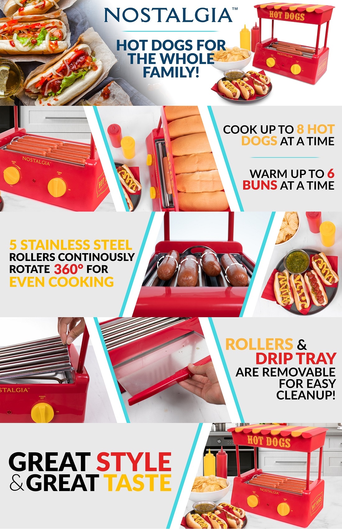 Nostalgia Red 8-Hot Dog Roller and 6-Bun Warmer-HDR8RY - The Home Depot