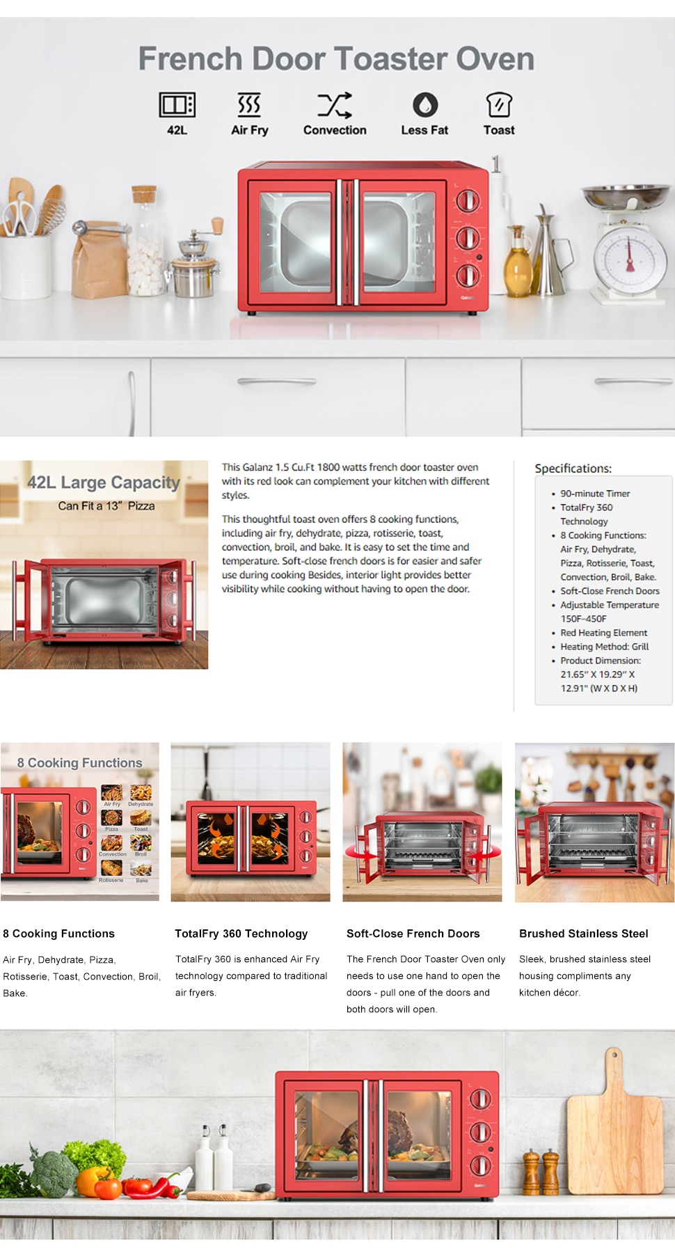 Galanz 1800 W 6-Slice Retro Toaster Oven in Hot Rod Red with Air Fry ...