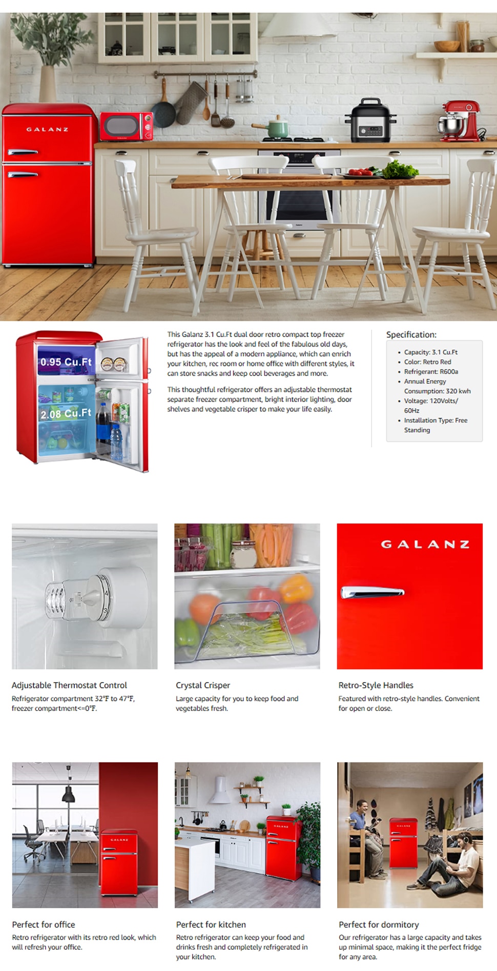 Galanz 20 in. 3.1 cu. ft. Retro Top Freezer Refrigerator, Hot Rod Red ...