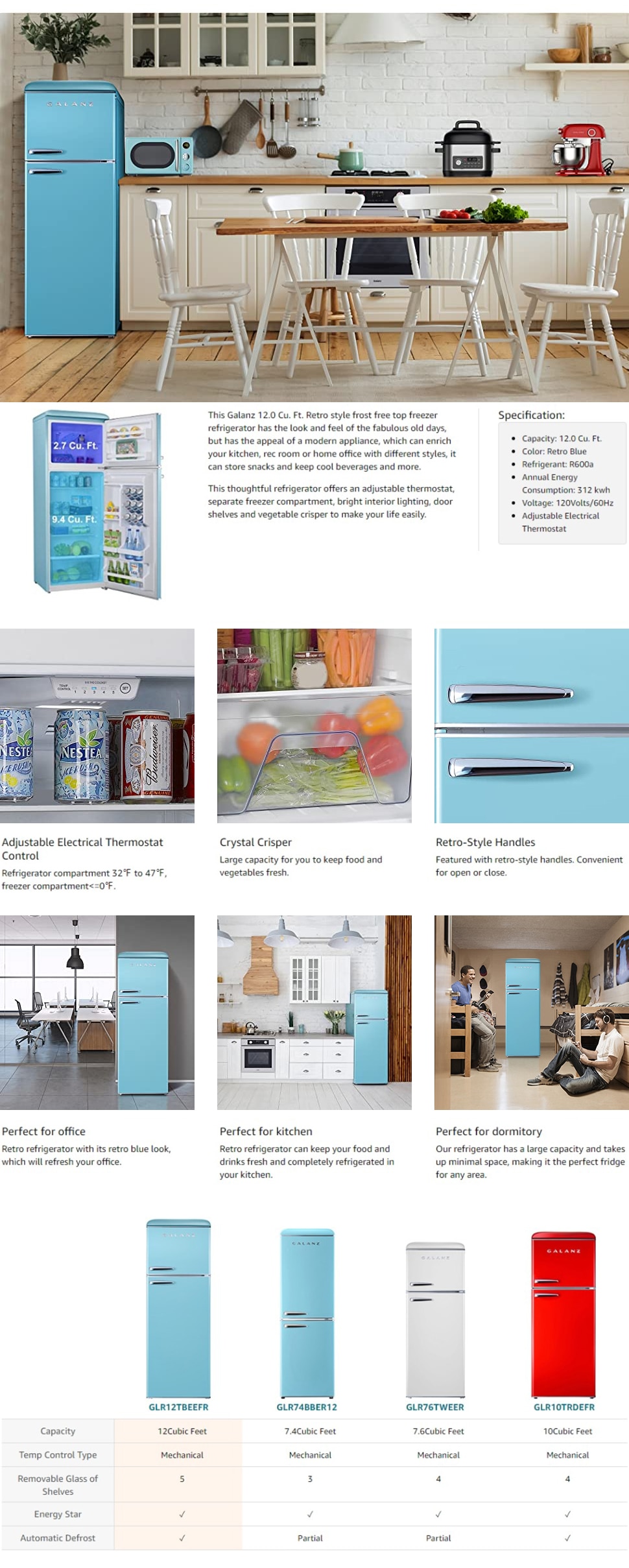 Galanz 24 in. 12 cu. ft. Retro Top Freezer Refrigerator, Bebop Blue ...