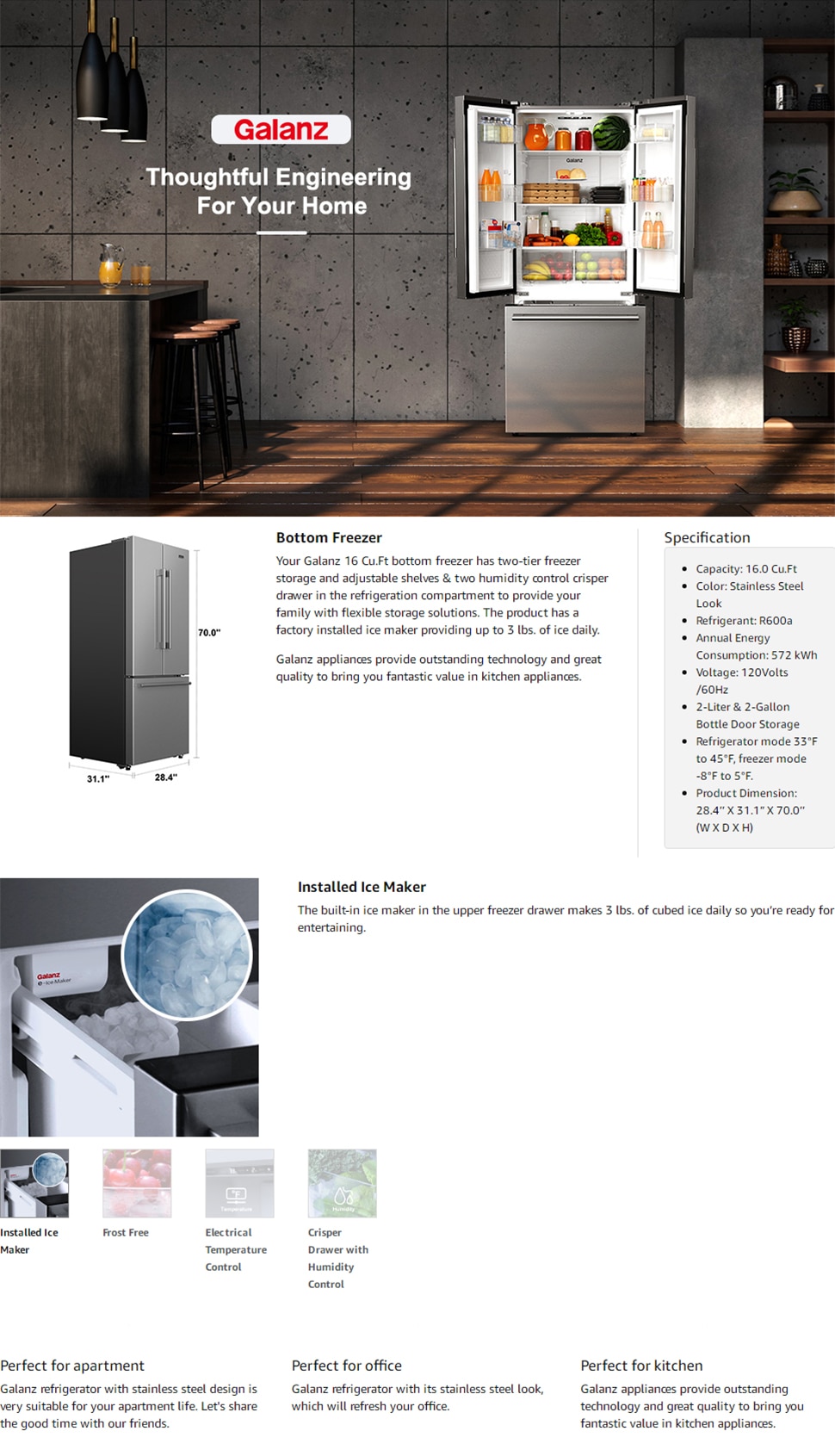 Galanz 29 in. W 16.0 cu. ft. French Door Refrigerator in Stainless ...