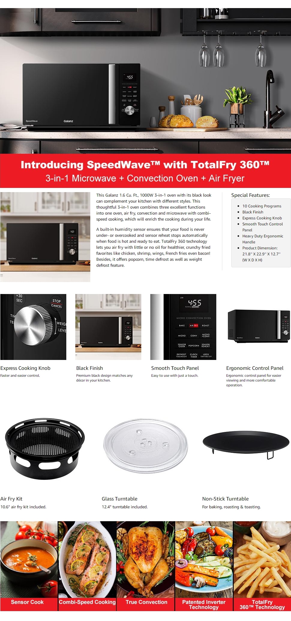 Galanz 1.6 cu. ft. Countertop SpeedWave 3-in-1 Convection Oven, Air ...