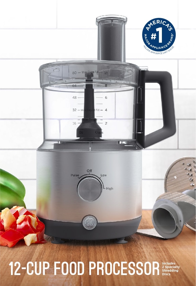 GE 12-Cup Stainless Steel Food Processor with 3 Variable Speeds ...
