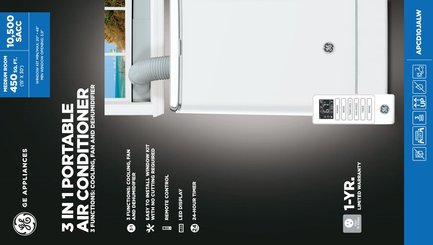GE 10,500 (DOE) BTU Portable Air Conditioner 3-in-1 Cools 450 Sq. Ft ...
