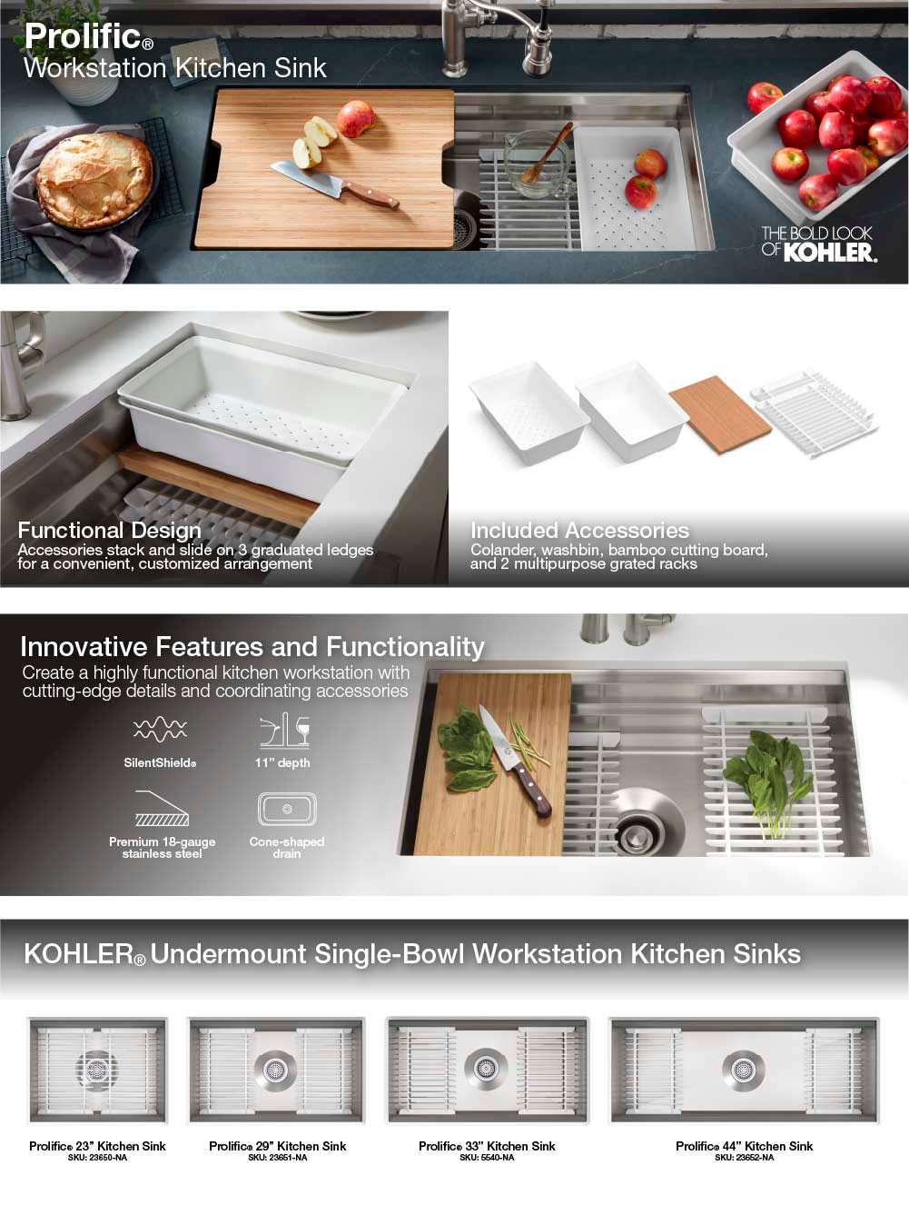 KOHLER Prolific Workstation Undermount Stainless Steel 33 in. Single ...