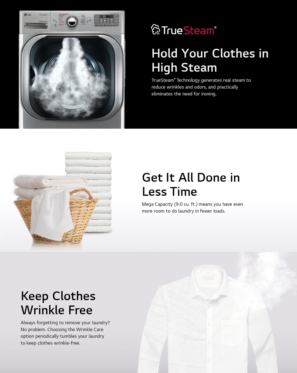 LG 9.0 cu. ft. Stackable Electric Dryer w/TrueSteam, SteamFresh and ...