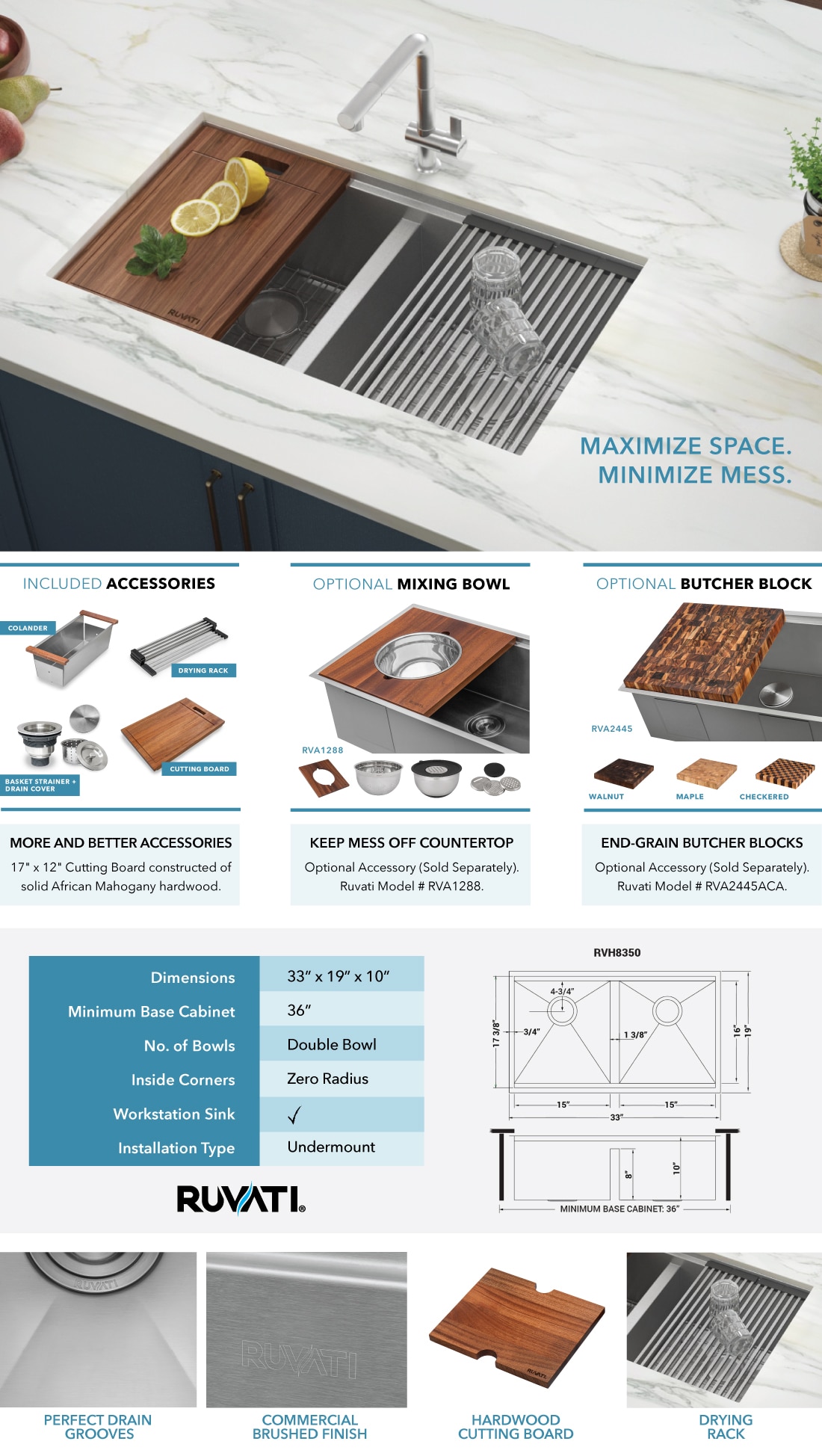 Ruvati Roma 33 in. Undermount 50/50 Double Bowl 16-Gauge Stainless ...