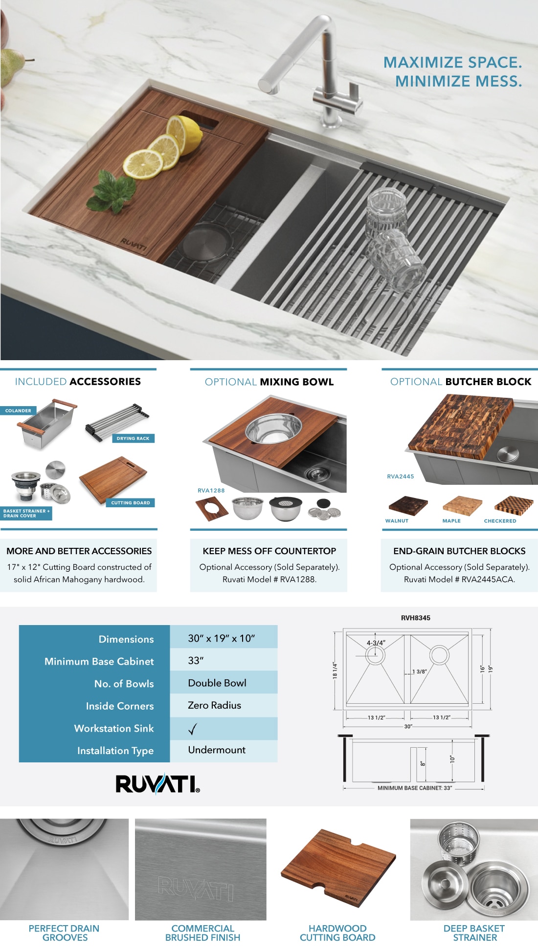 Ruvati Roma 30 in. Undermount 50/50 Double Bowl 16-Gauge Stainless ...