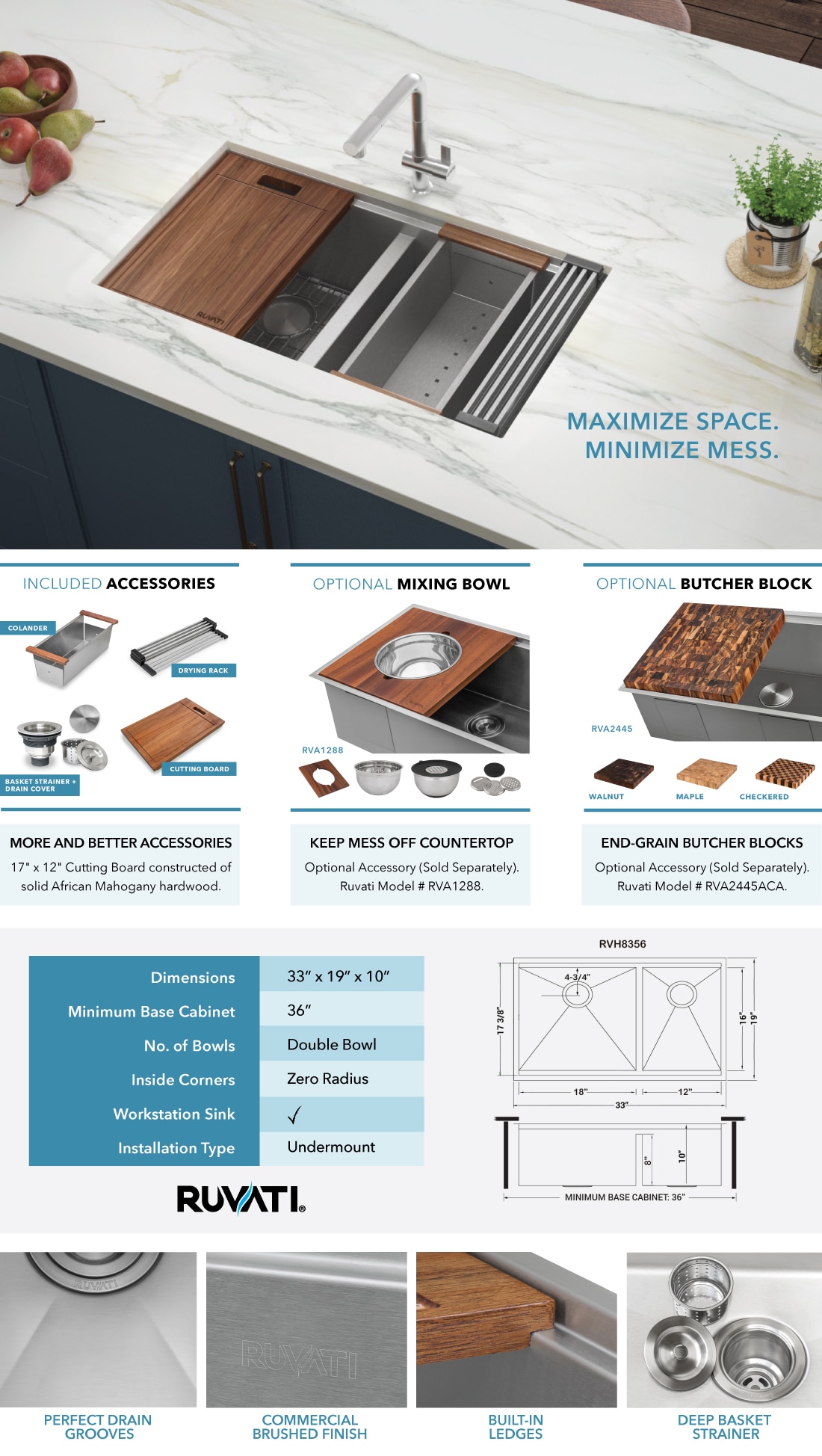 Ruvati Roma 33 in. Undermount 60/40 Double Bowl 16-Gauge Stainless ...