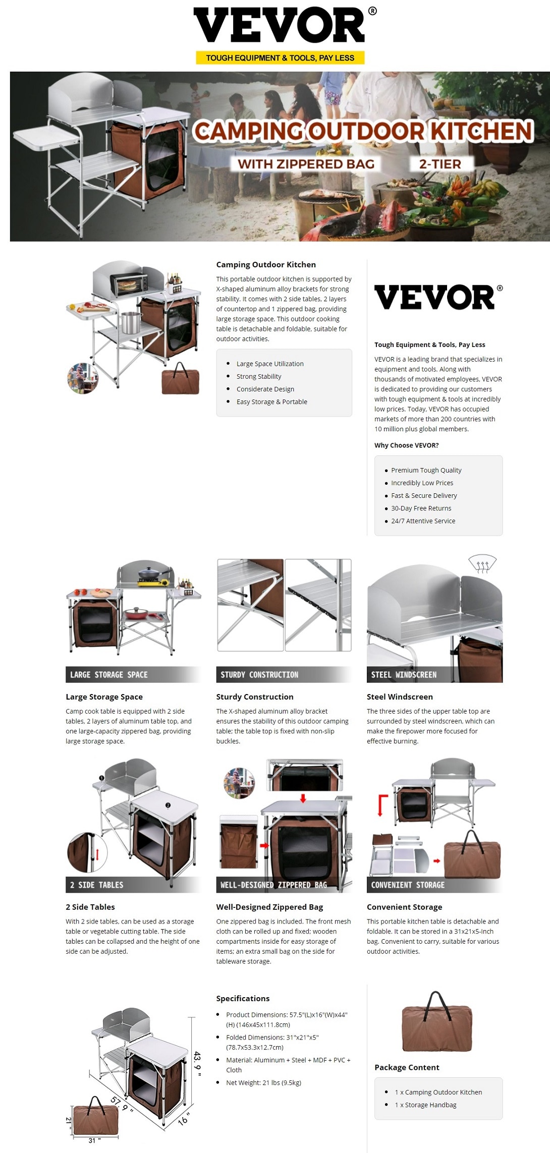 VEVOR Camping Kitchen Table 3 Adjustable Height Aluminum Portable ...