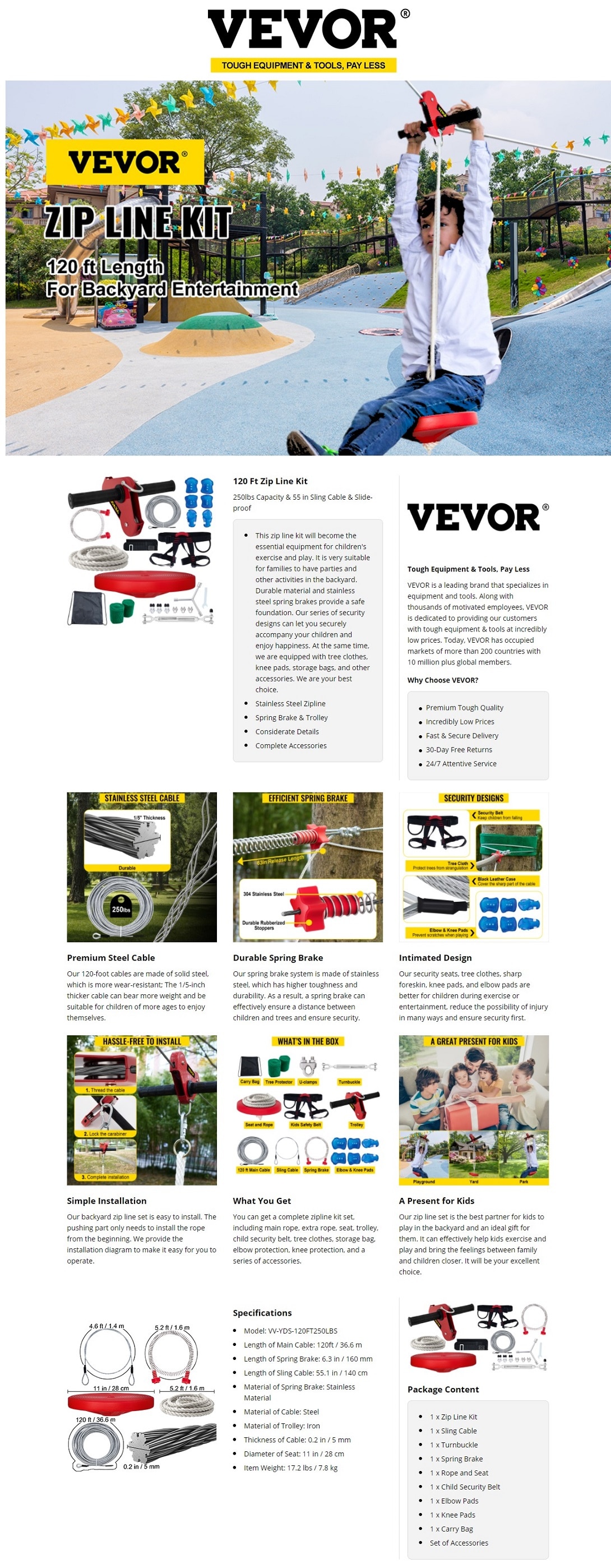 VEVOR Zip Line 120 ft. Backyard Zipline Kit with Seat, Brake and Steel ...