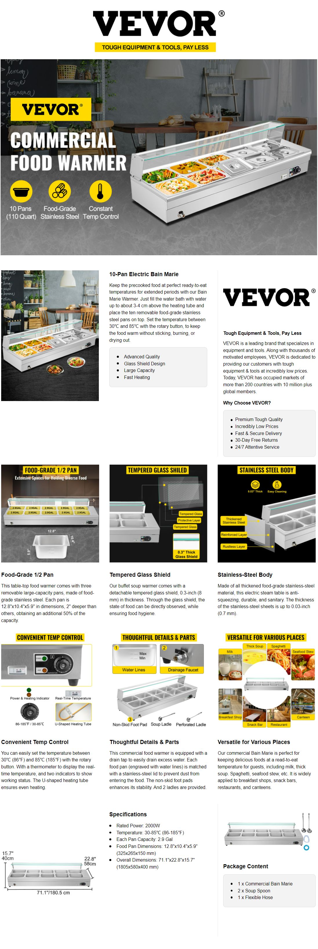 VEVOR 10 Pan x 1/2 GN Stainelss Steel Commercial Food Steam Table 6 in ...