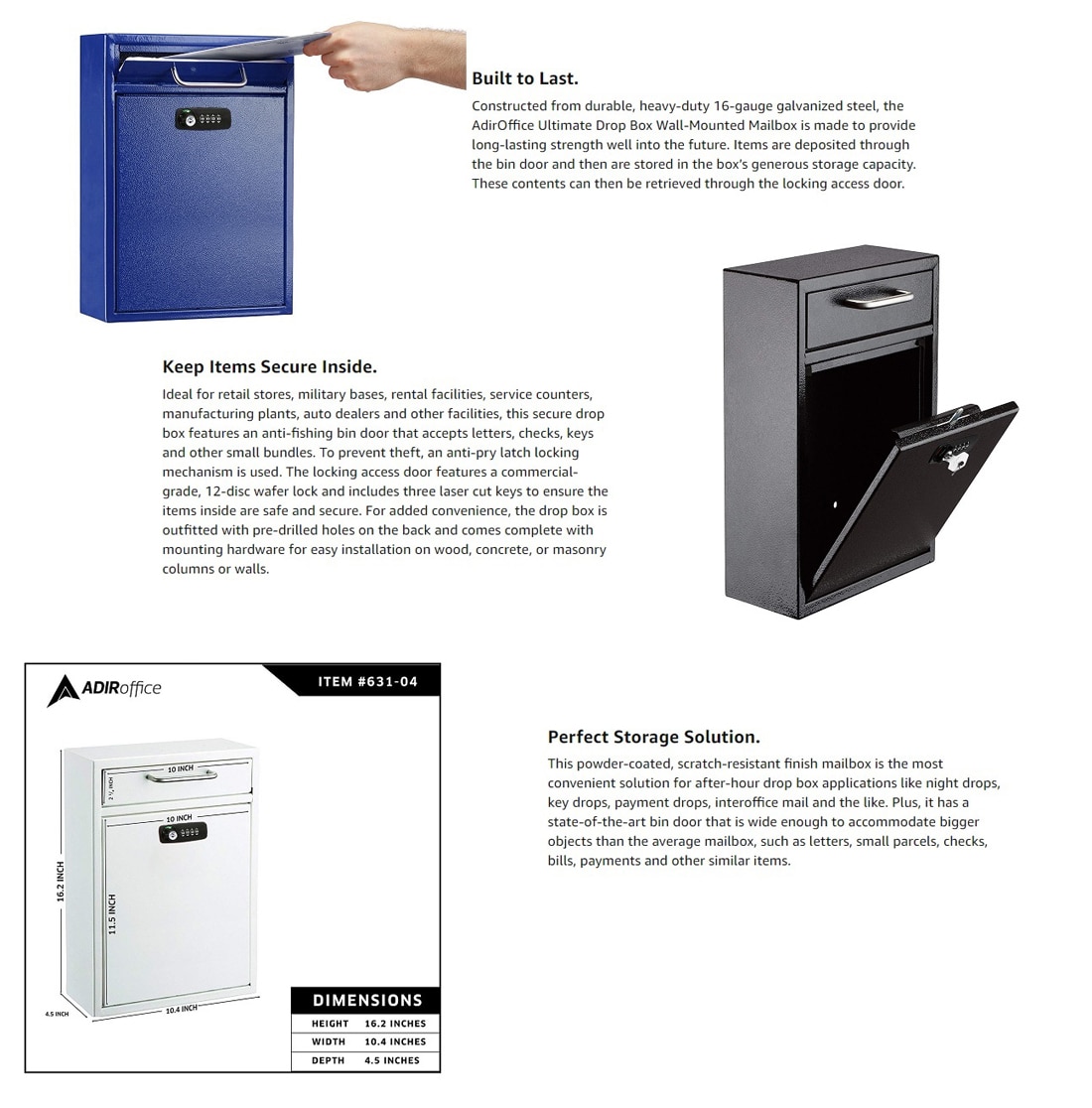 AdirOffice Blue Large Drop Box Wall Mounted Locking Mail Box with Key ...