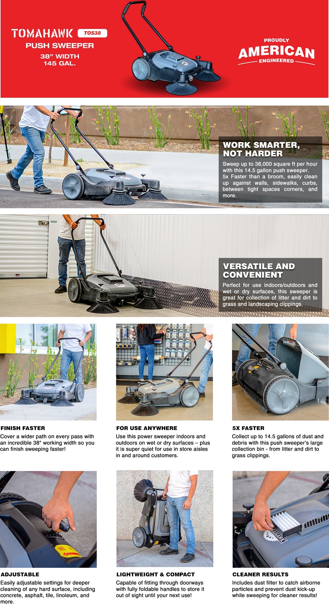 Tomahawk Power Commercial 38 in. W Manual Push Sweeper with Triple ...