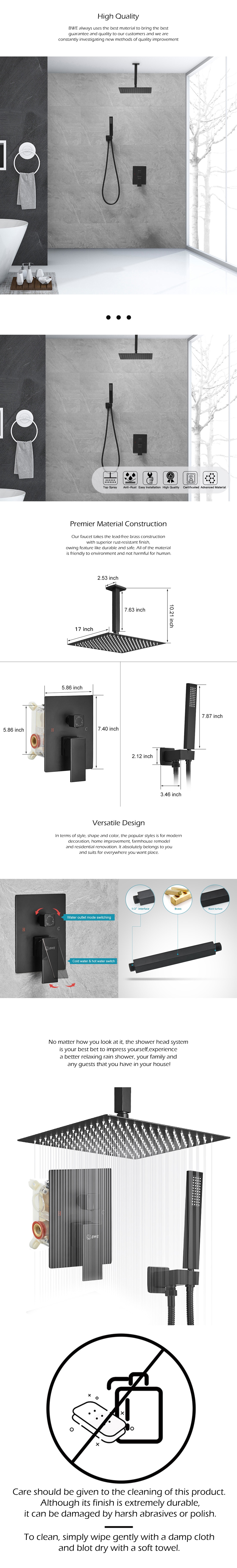 BWE 16 in. Single-Handle 2-Spray Square High Pressure Shower Faucet 2.5 ...