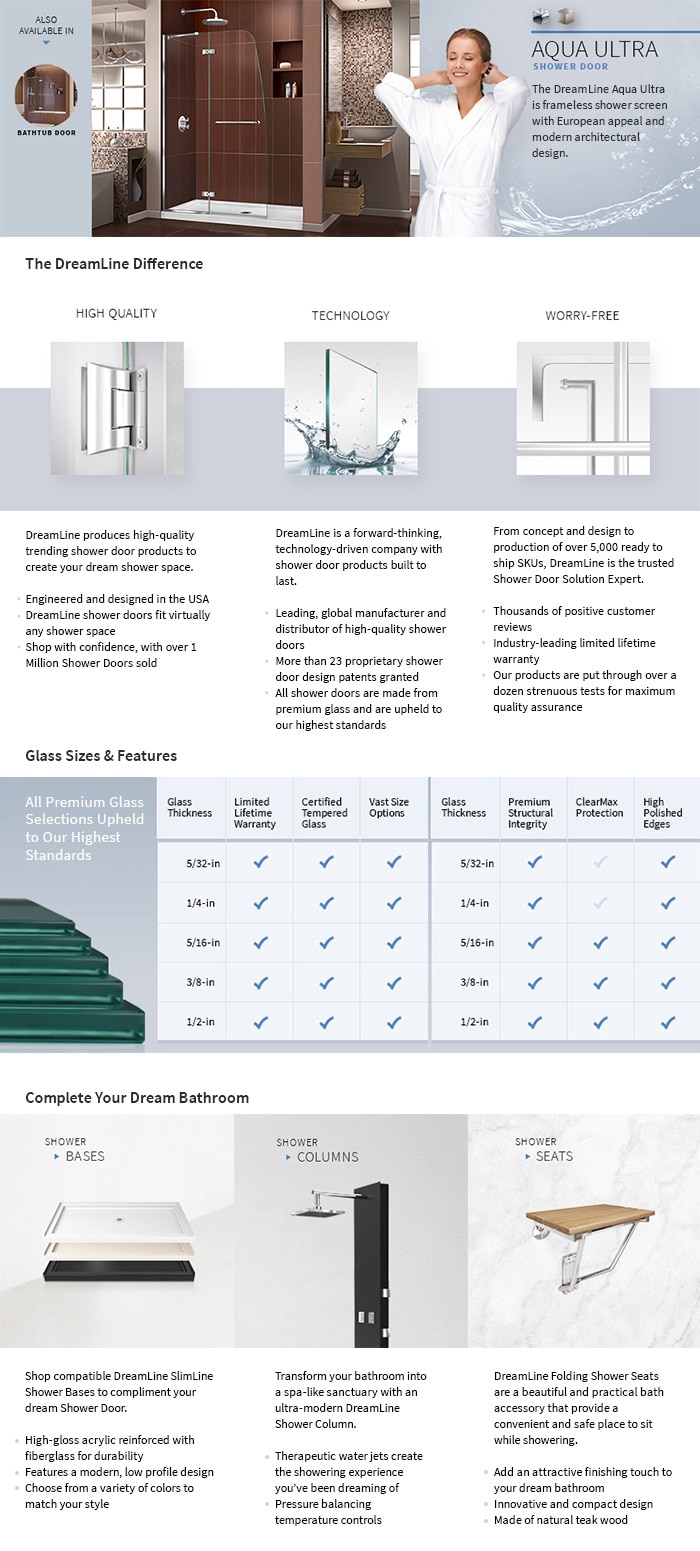 DreamLine Aqua Ultra 45 in. x 72 in. Semi-Frameless Hinged Shower Door ...