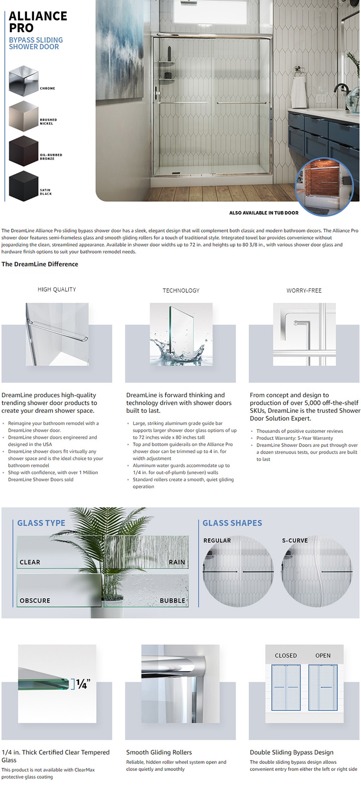 DreamLine Alliance Pro 56-60 in. x 80 3/8 in. Semi-Frameless Sliding ...