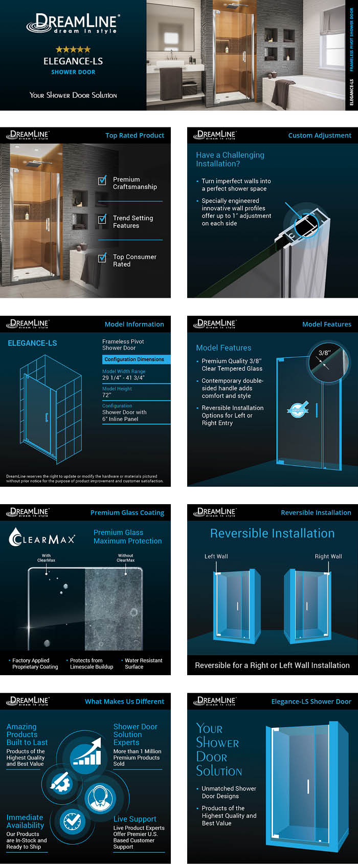 DreamLine Elegance-LS 39-3/4 in. to 41-3/4 in. W x 72 in. H Frameless ...