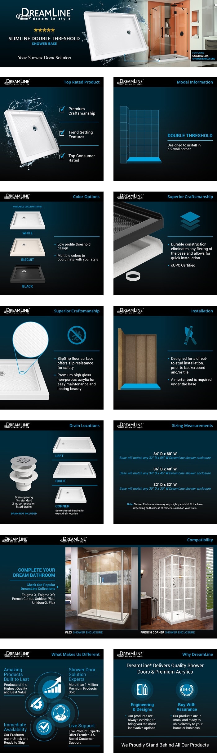 DreamLine SlimLine 42 in.x 42 in.Double Threshold Shower Pan Base in ...