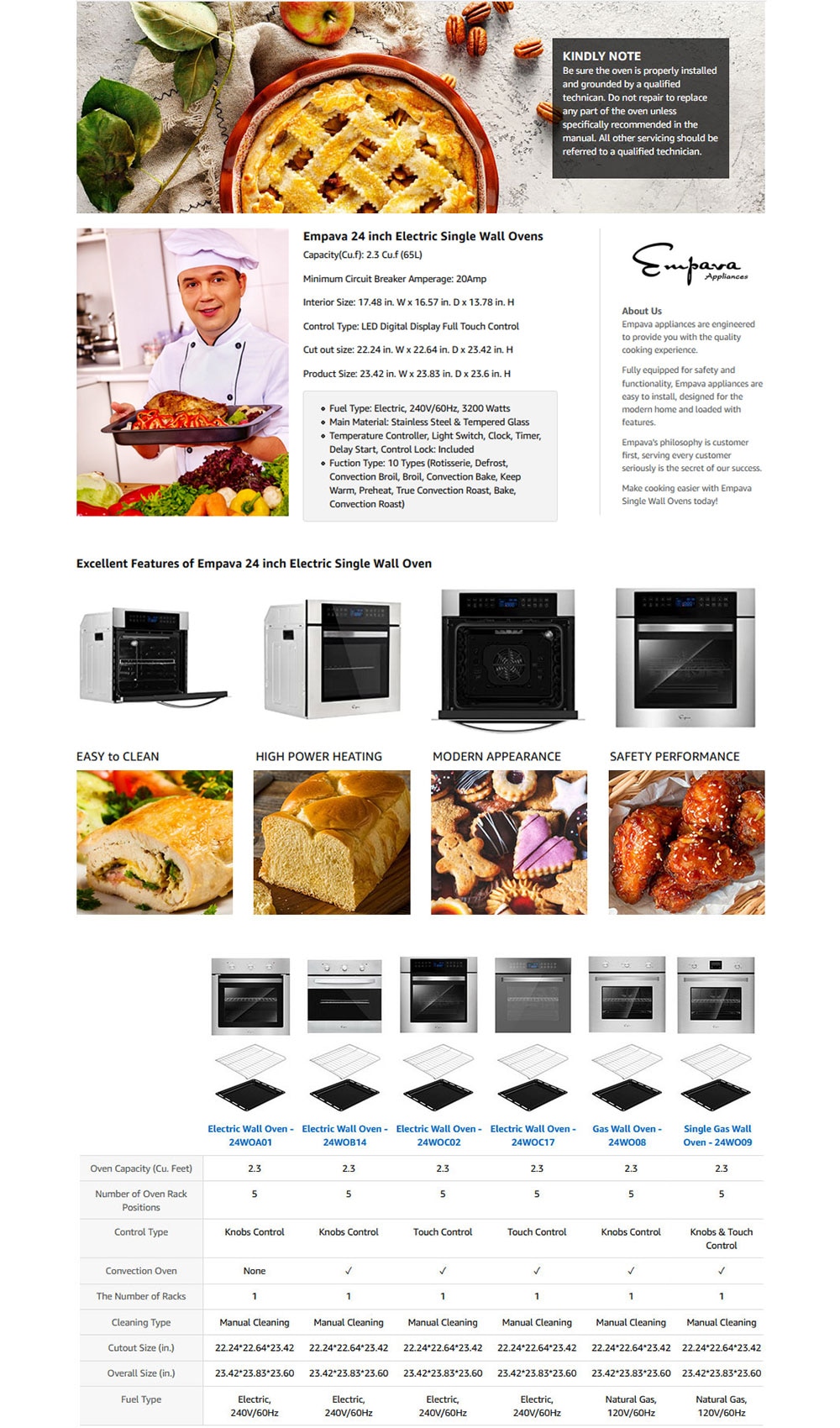 Empava 24 in. Electric Single Wall Oven 2.3 cu. ft. Capacity Touch ...