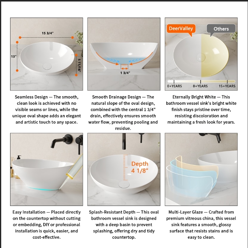 DEERVALLEY 16 in. x 13 in. Oval Vessel Bathroom Sink in White Ceramic ...