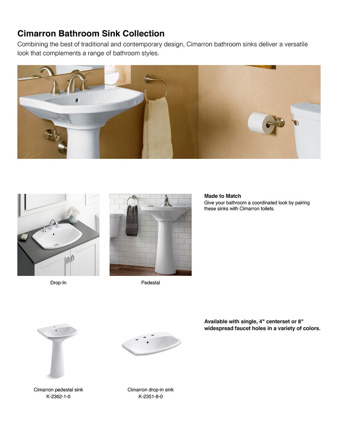 KOHLER Cimarron Single Hole Vitreous China Pedestal Combo Bathroom Sink ...