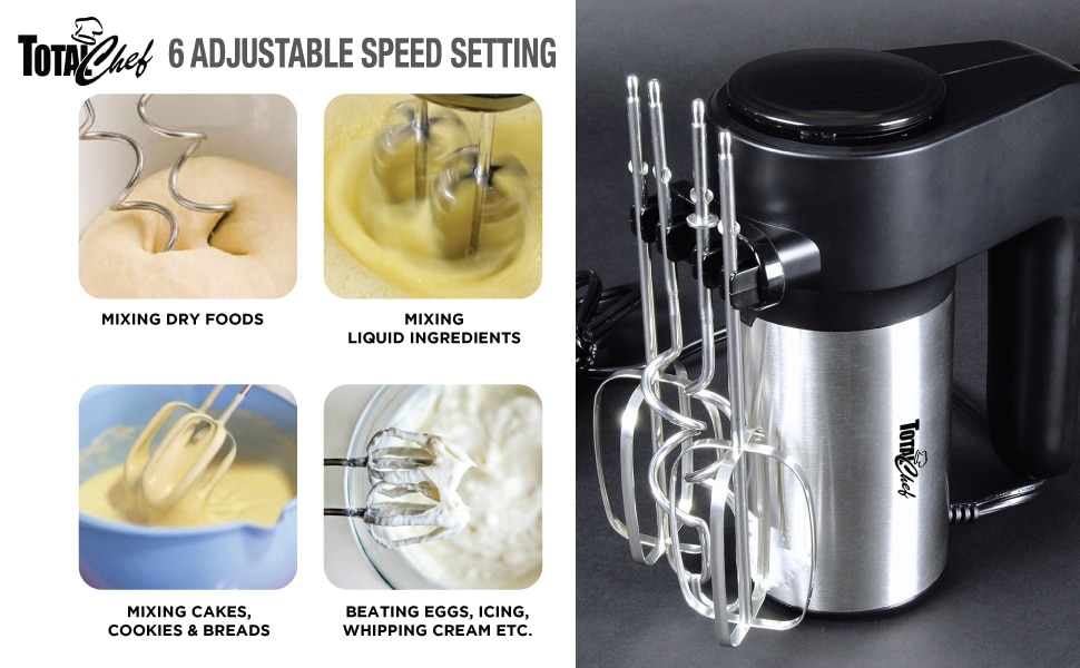Total Chef 6-Speed Electric Hand Mixer, 250W Motor with Turbo Boost and ...