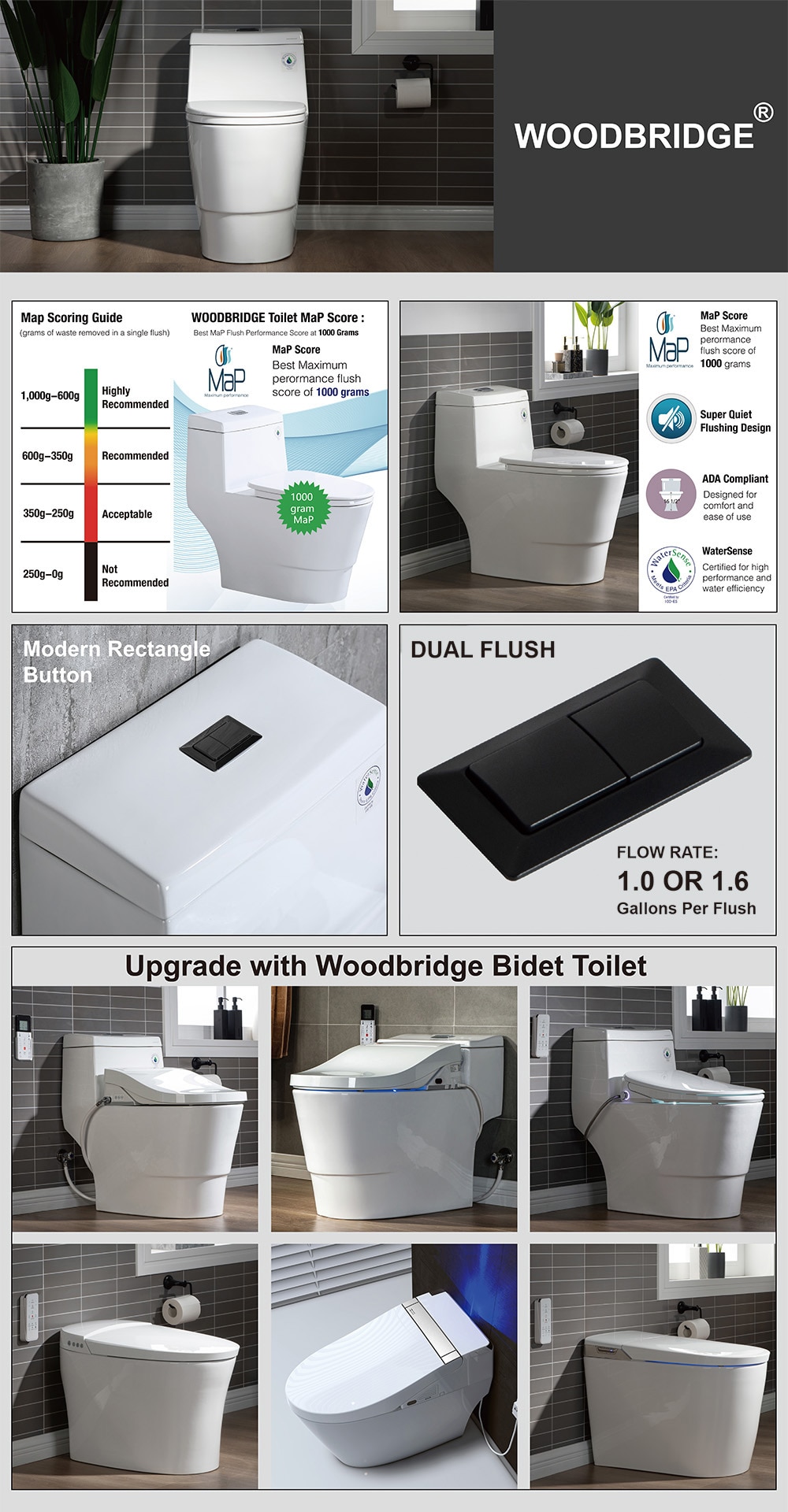 WOODBRIDGE Everette 1-Piece 1.28GPF Dual Flush Elongated Toilet in ...