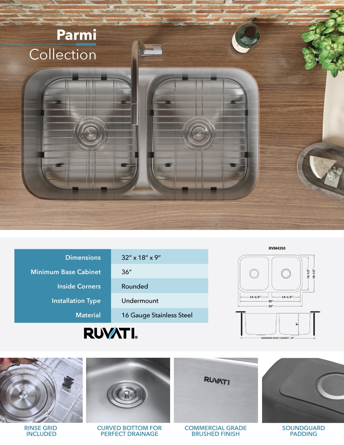 Ruvati Parmi 32 in. Undermount 50/50 Double Bowl 16-Gauge Stainless ...