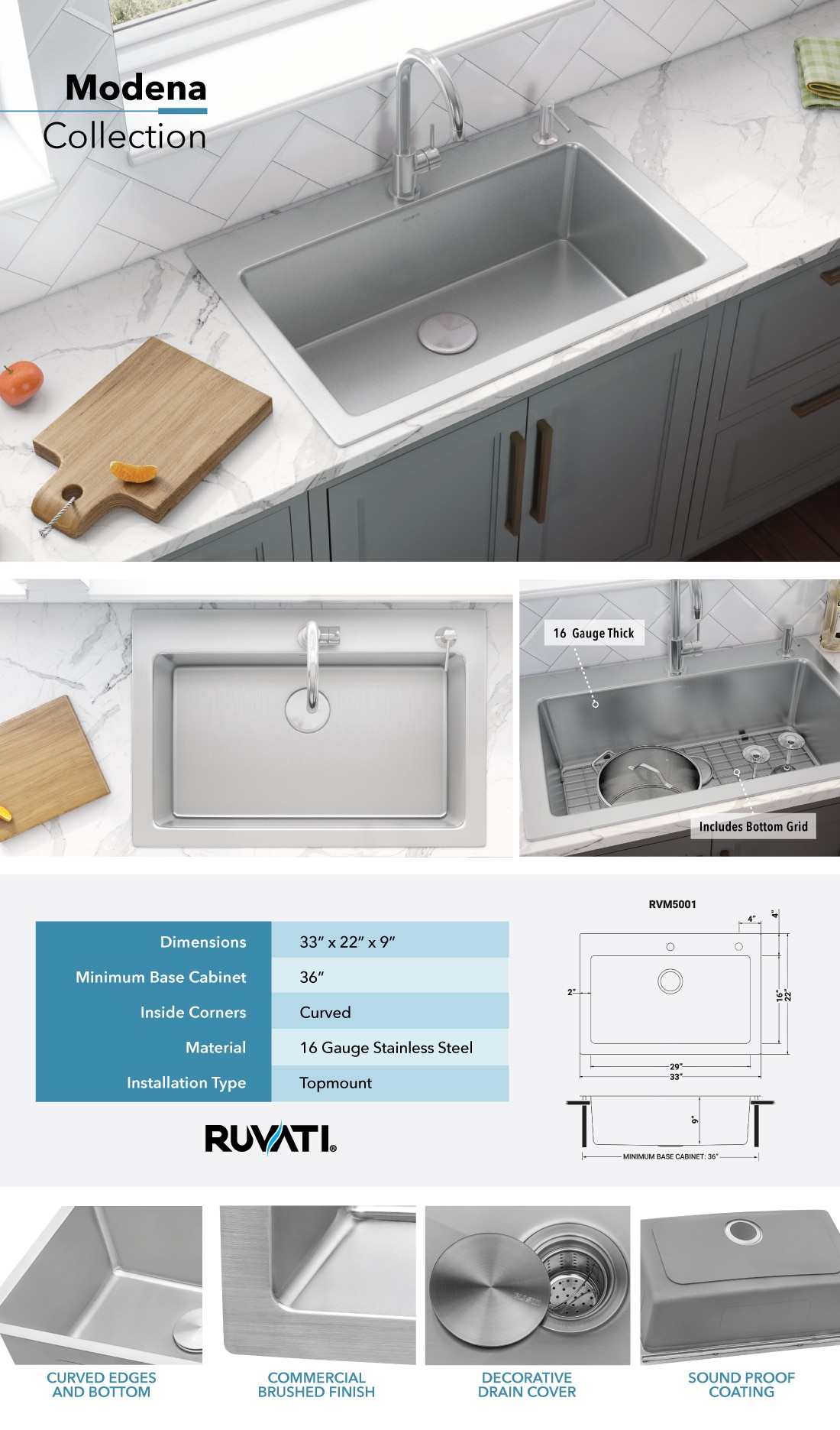 Ruvati Modena 33 in. Drop-in Topmount Single Bowl 16-Gauge Stainless ...