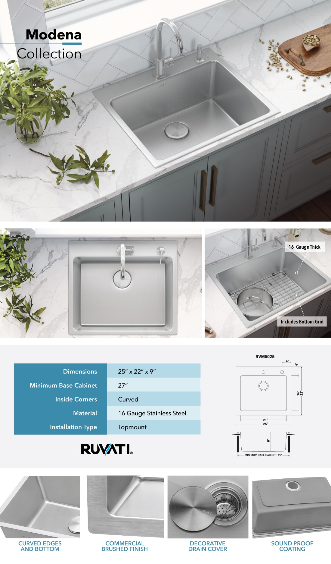 Ruvati Modena 25 in. Drop-in Topmount Single Bowl 16-Gauge Stainless ...