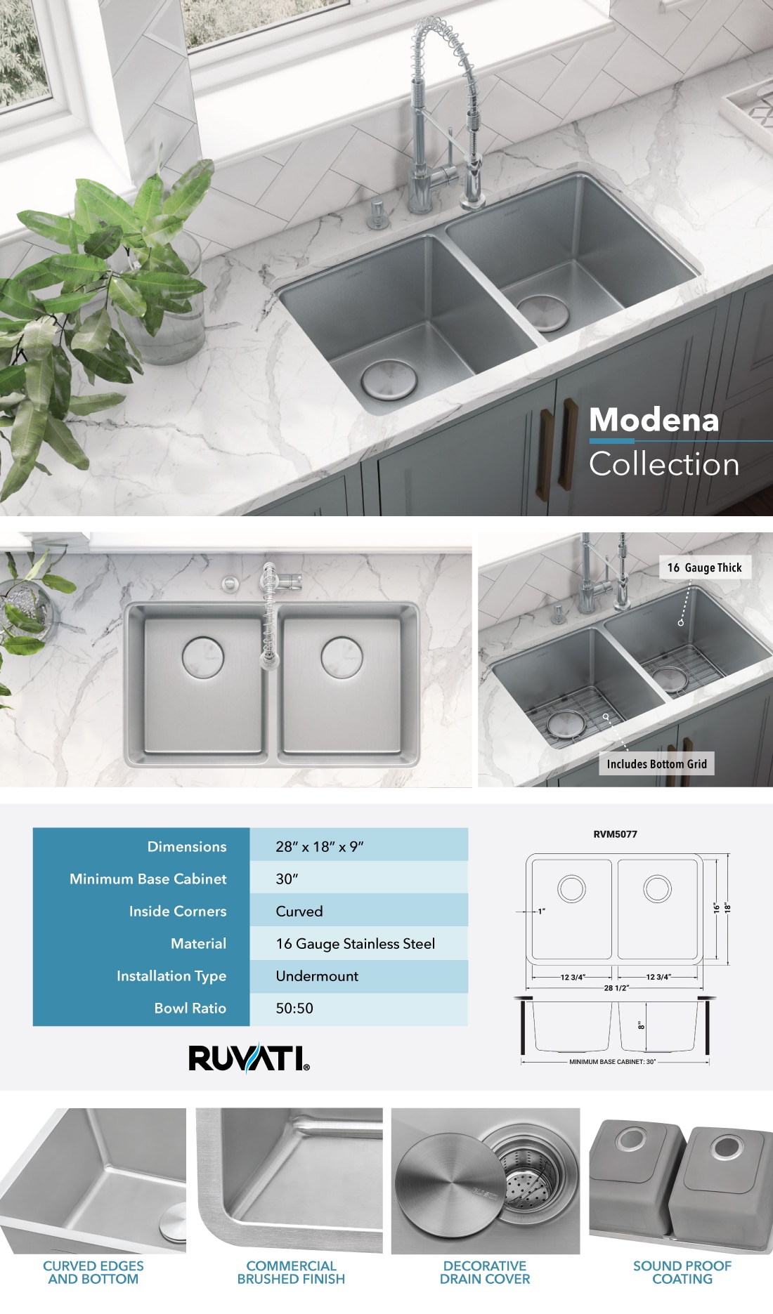 Ruvati Modena 29 in. Undermount 50/50 Double Bowl 16-Gauge Stainless ...