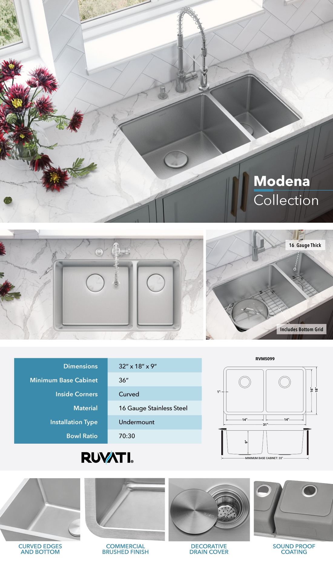 Ruvati Modena 32 in. Undermount 70/30 Double Bowl 16-Gauge Stainless ...