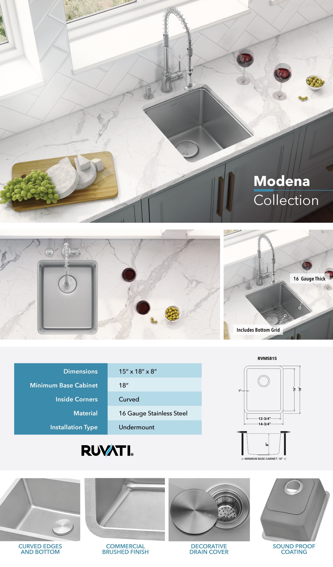 Ruvati Modena 15 in. Undermount Single Bowl 16-Gauge Stainless Steel ...