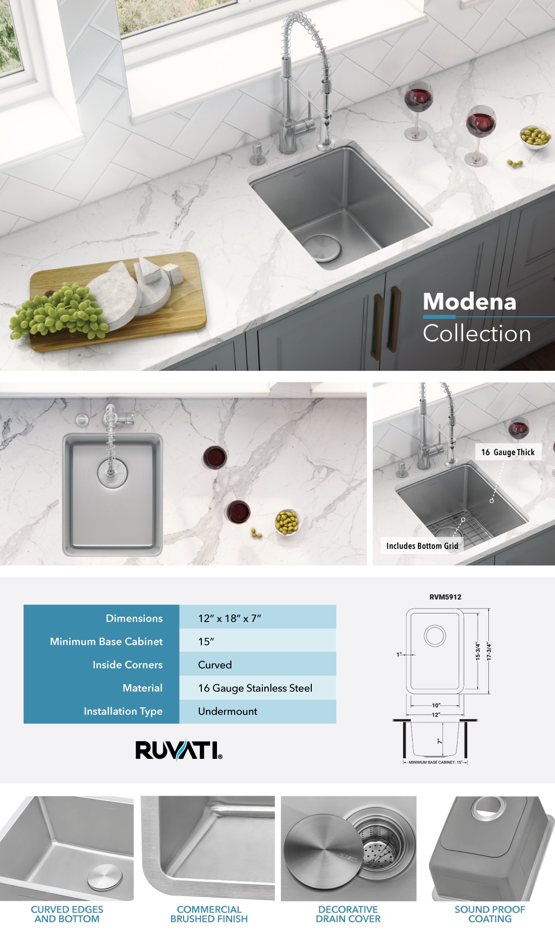 Ruvati Modena 12 in. Undermount Single Bowl 16-Gauge Stainless Steel ...