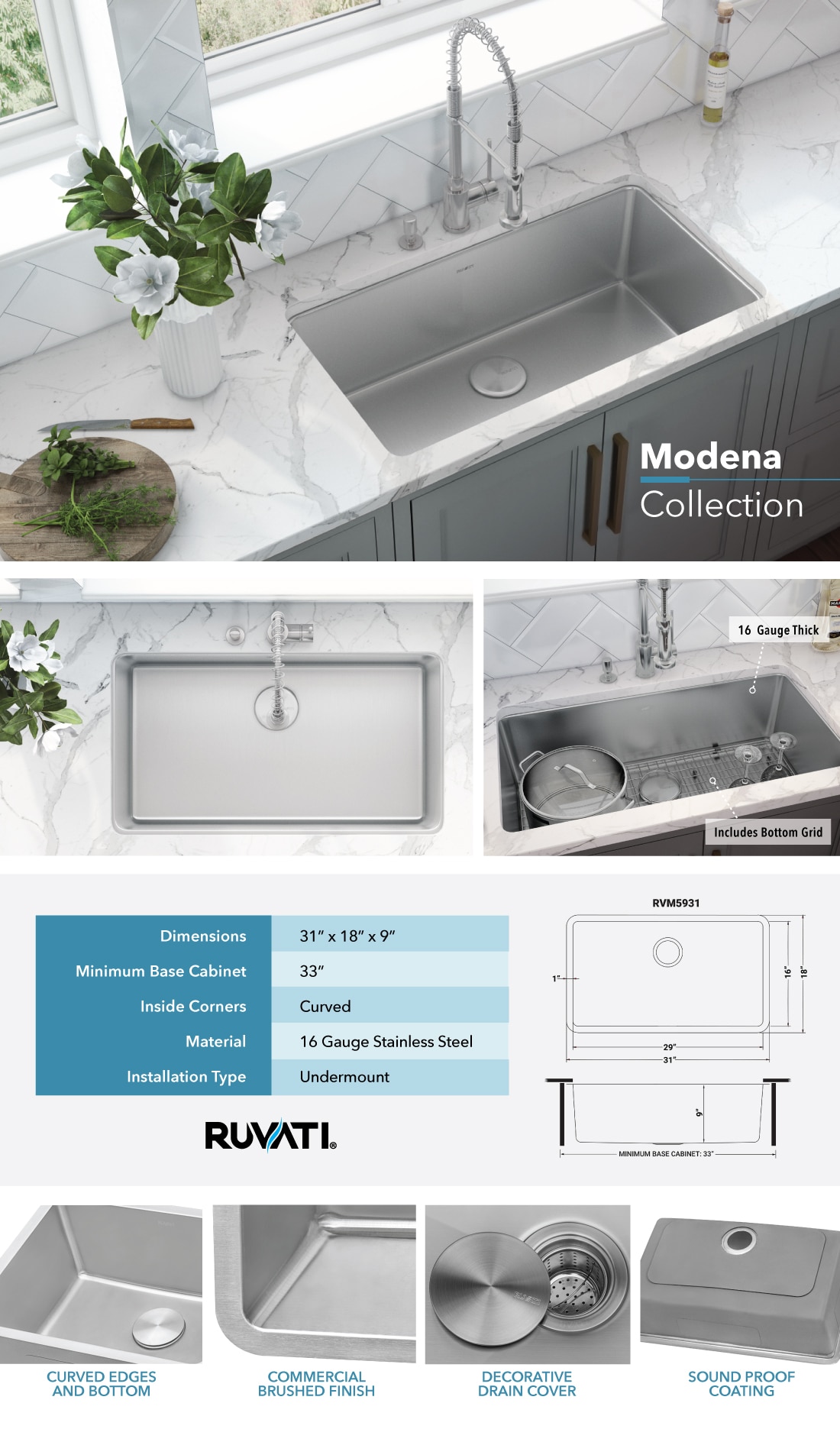 Ruvati Modena 31 in. Undermount Single Bowl 16-Gauge Stainless Steel ...