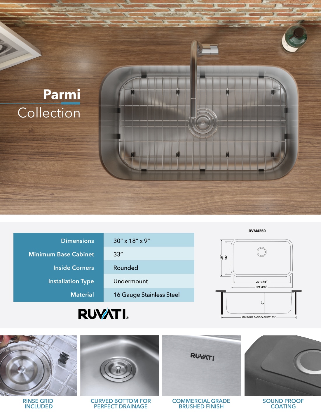 Ruvati Parmi 30 in. Undermount Single Bowl 16-Gauge Stainless Steel ...