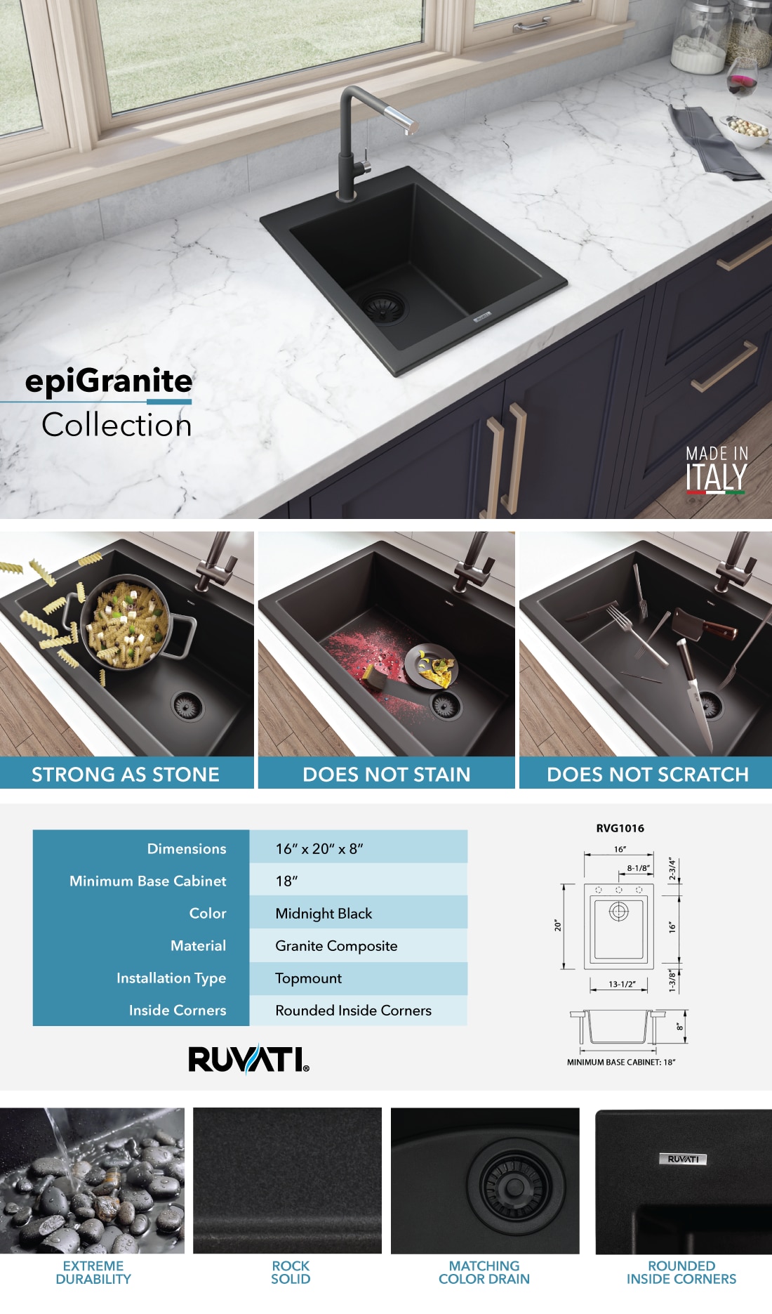 Ruvati EpiGranite 16 in. Drop-in Single Bowl Bar Sink in Midnight Black ...