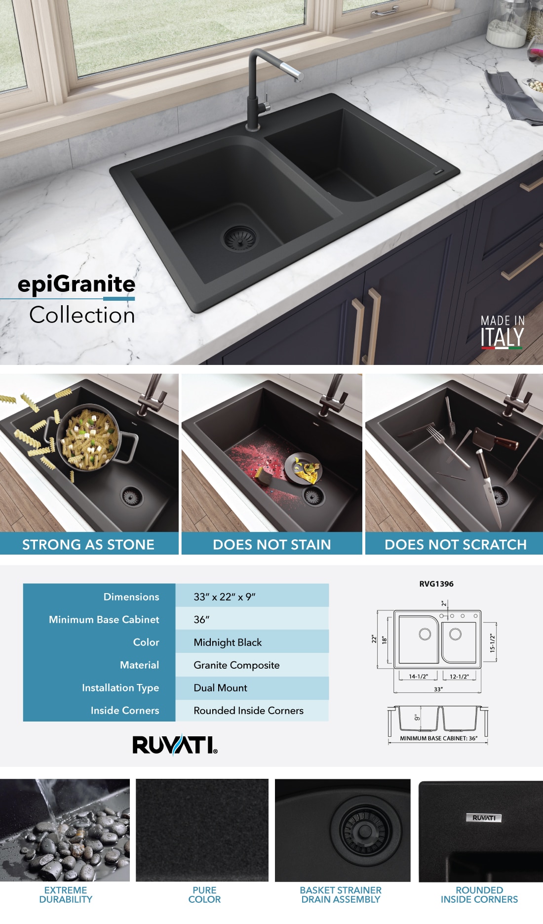 Ruvati epiGranite 33 in. Drop-in Topmount Double Bowl Kitchen Sink in ...