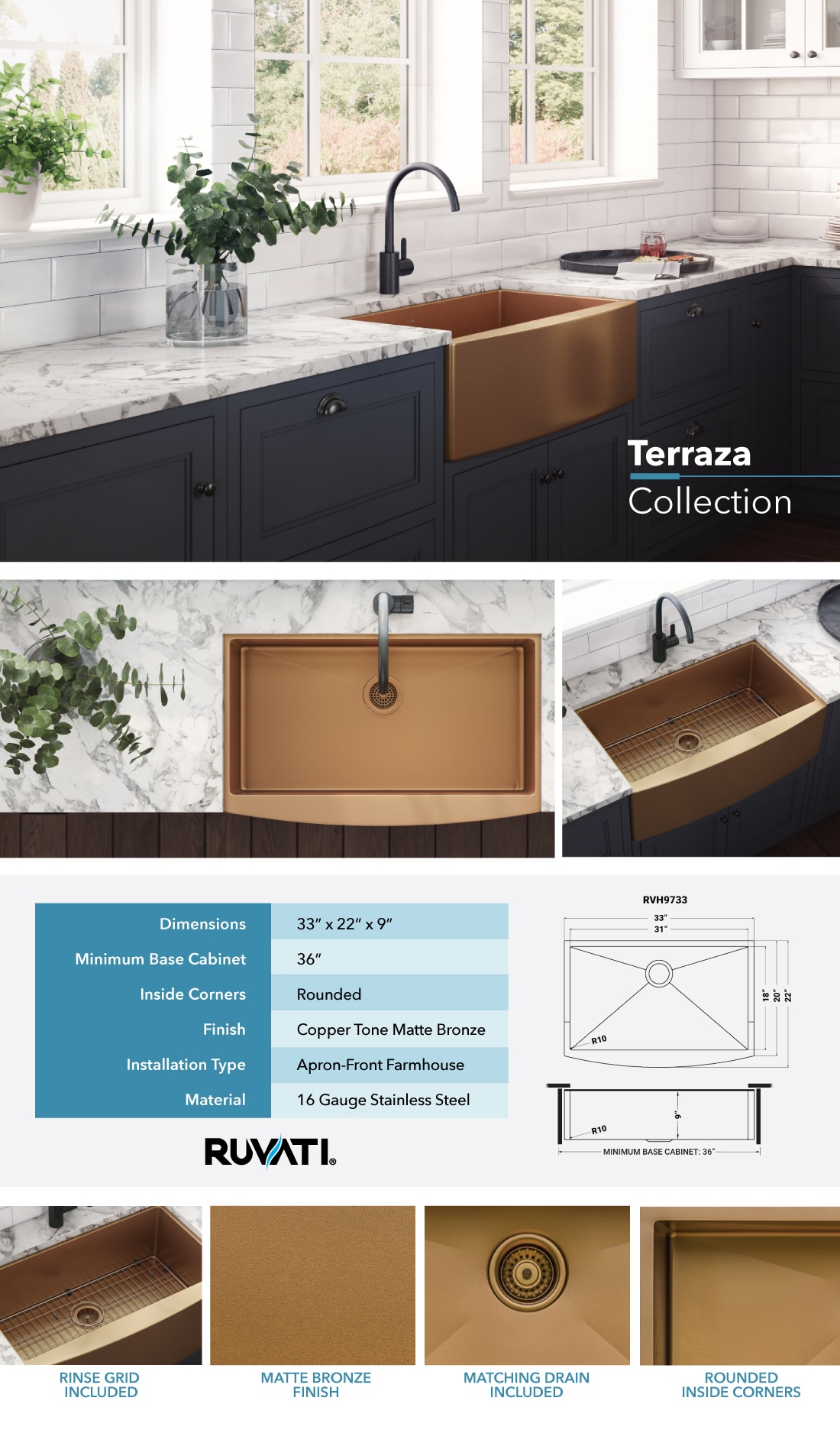 Ruvati Terraza 33 in. Apron-Front Farmhouse Single Bowl 16-Gauge ...