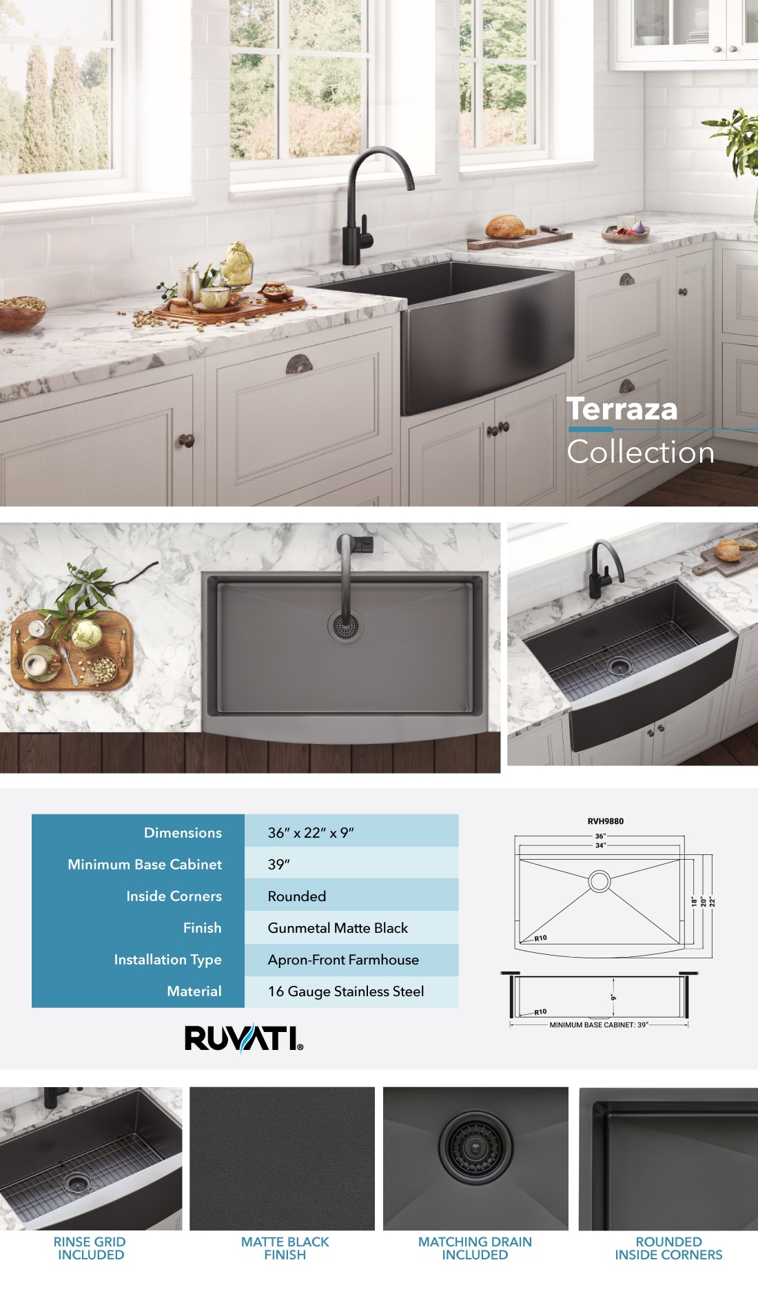 Ruvati Terraza 36 in. Apron-Front Farmhouse Single Bowl 16-Gauge ...