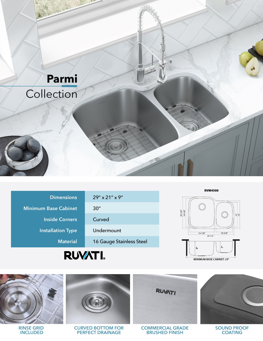 Ruvati Parmi 30 in. Undermount 60/40 Double Bowl 16-Gauge Stainless ...