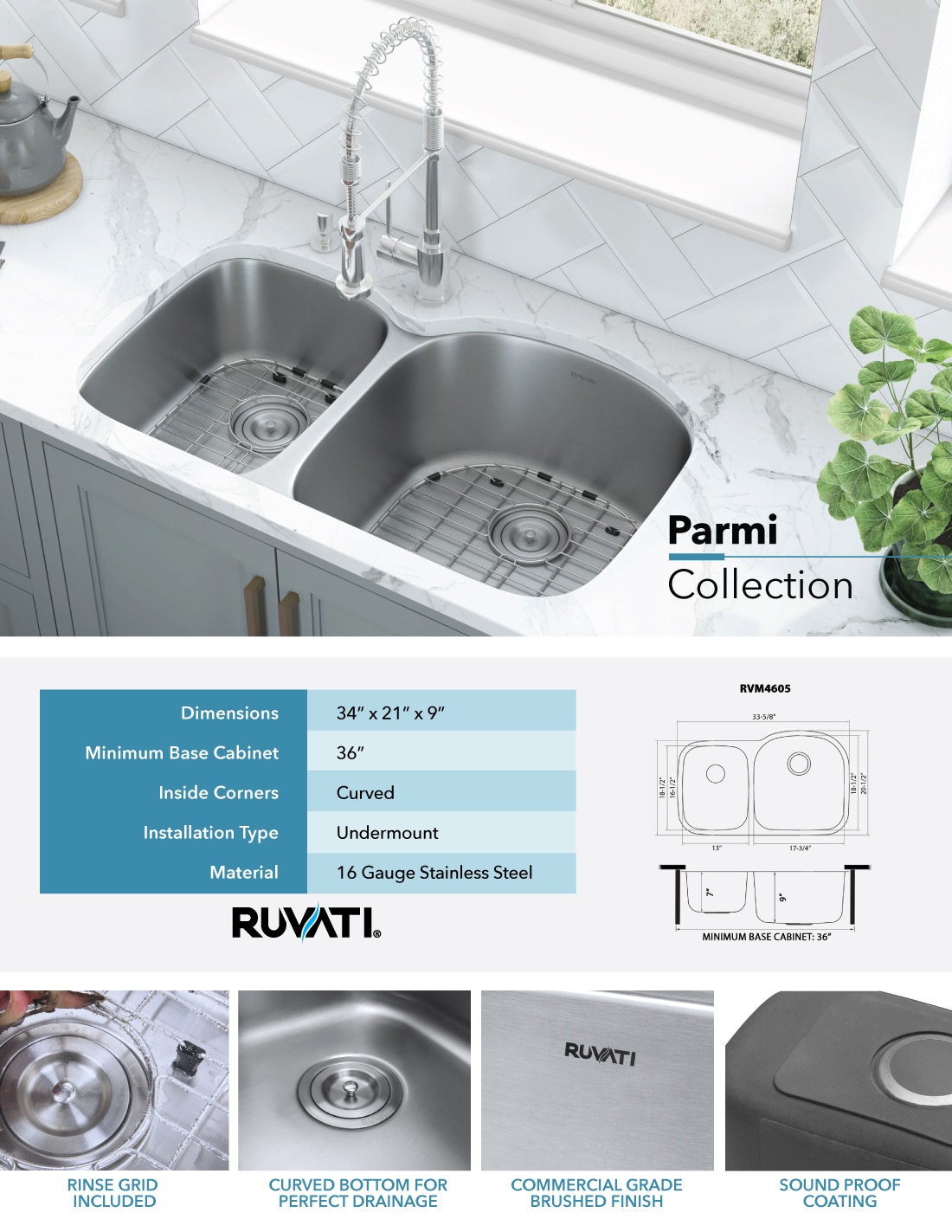 Ruvati Parmi 34 in. Undermount 40/60 Double Bowl 16-Gauge Stainless ...
