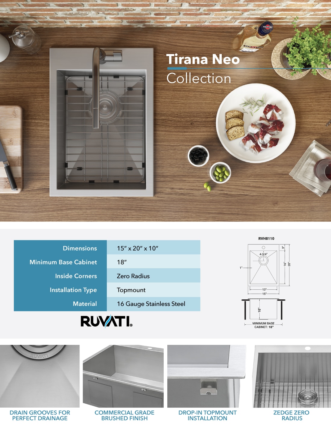 Ruvati Terraza 15 in. Drop-in Topmount Single Bowl 16-Gauge Stainless ...