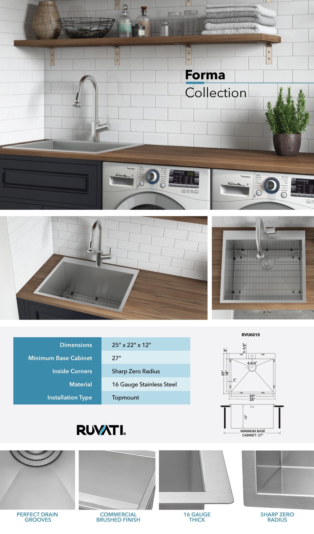 Ruvati Forma 25 in. Drop-in Topmount Single Bowl 16-Gauge Stainless ...