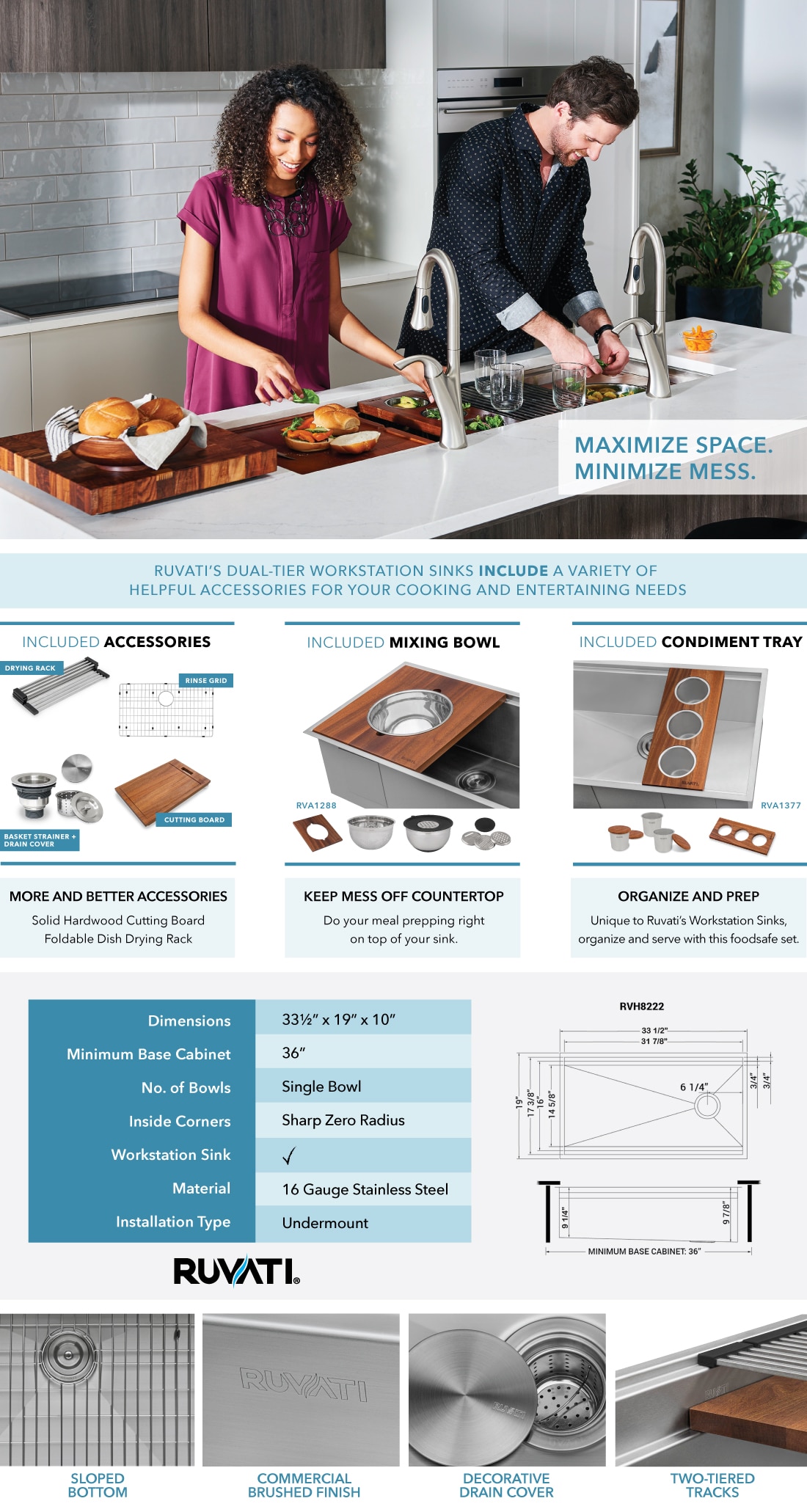 Ruvati Dual-Tier 34 in. Undermount Single Bowl 16-Gauge Stainless Steel ...